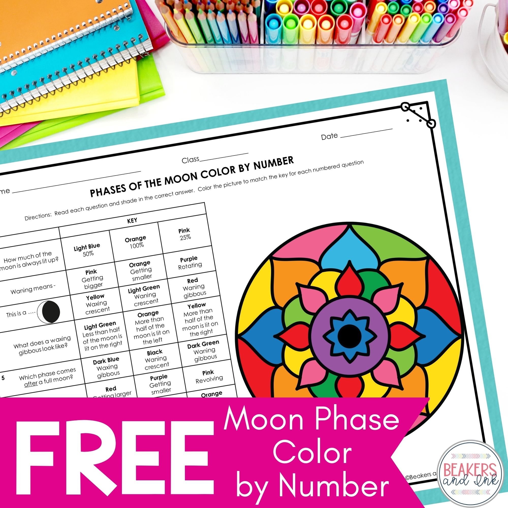 moon phase free color by number worksheet